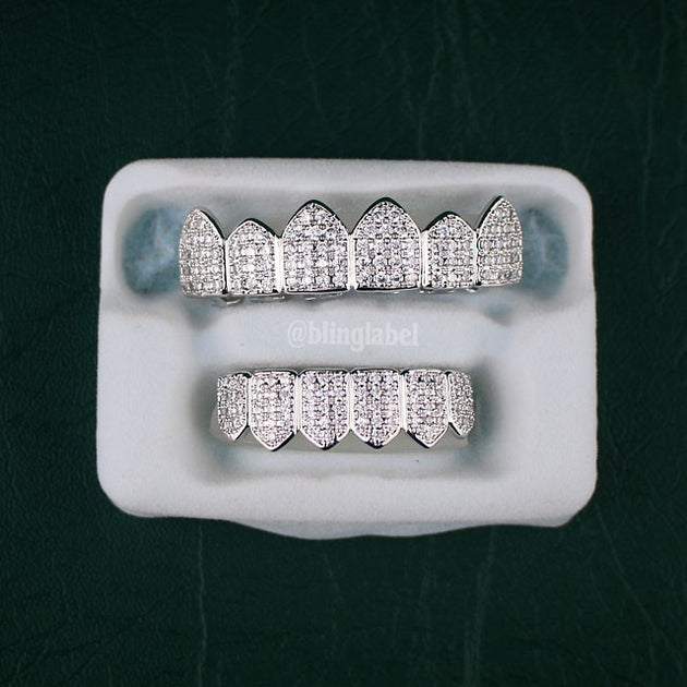 18K White Gold Iced Out Diamond Grillz Set – Bling Label